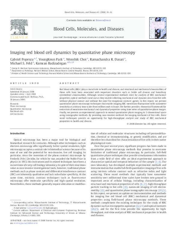 (PDF) Imaging red blood cell dynamics by quantitative phase microscopy