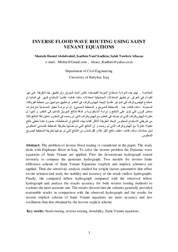 (PDF) INVERSE FLOOD WAVE ROUTING USING SAINT VENANT EQUATIONS