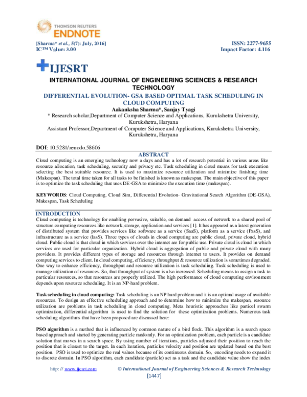 Pdf Differential Evolution Gsa Based Optimal Task Scheduling In Cloud Computing