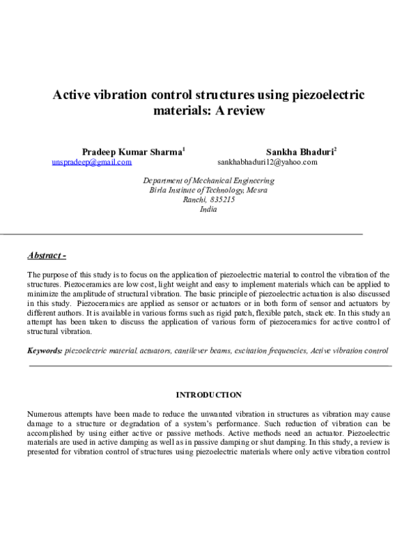 Doc Active Vibration Control Structures Using Piezoelectric Materials A Review