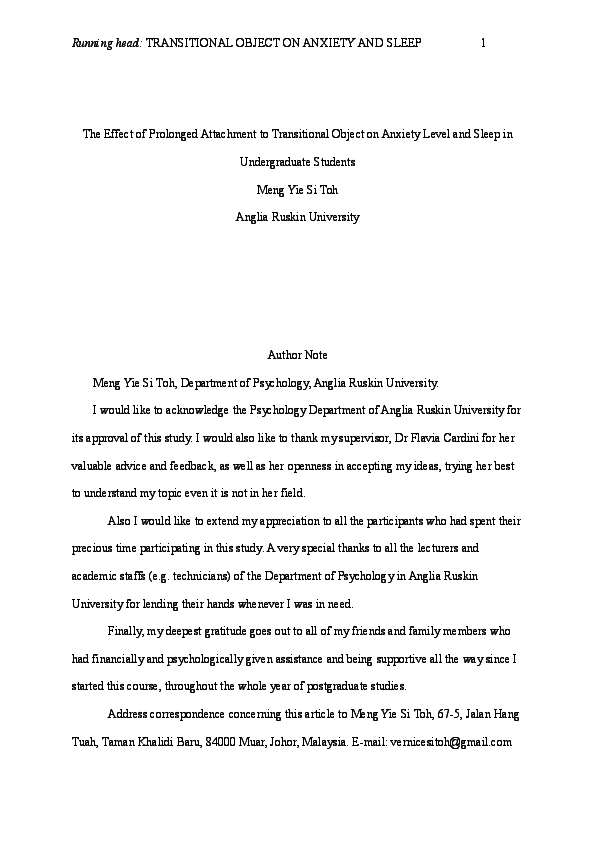 (DOC) The Effect of Prolonged Attachment to Transitional Object on ...