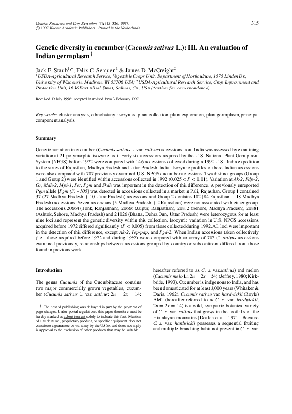 (PDF) Genetic diversity in cucumber (cucumis sativus L.): Iii. An ...