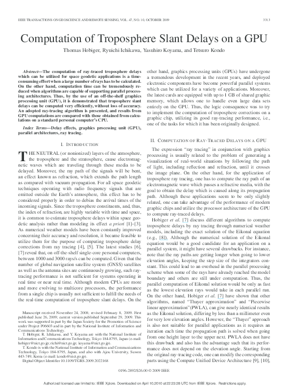 (PDF) Computation of Troposphere Slant Delays on a GPU