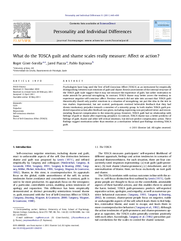 (PDF) What do the TOSCA guilt and shame scales really measure: Affect ...
