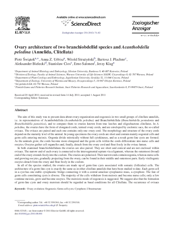 (PDF) Ovary architecture of two branchiobdellid species and ...