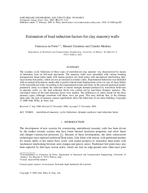 (PDF) Estimation of load reduction factors for clay masonry walls