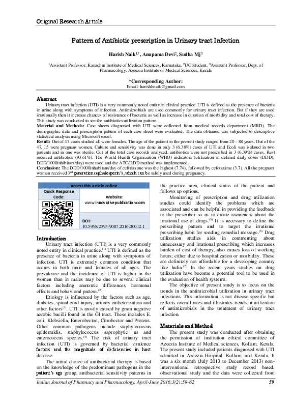 (PDF) Pattern of Antibiotic prescription in Urinary tract Infection