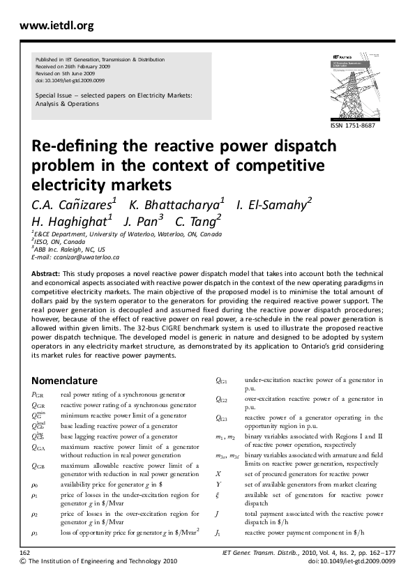 Pdf Re Defining The Reactive Power Dispatch Problem In The Context Of