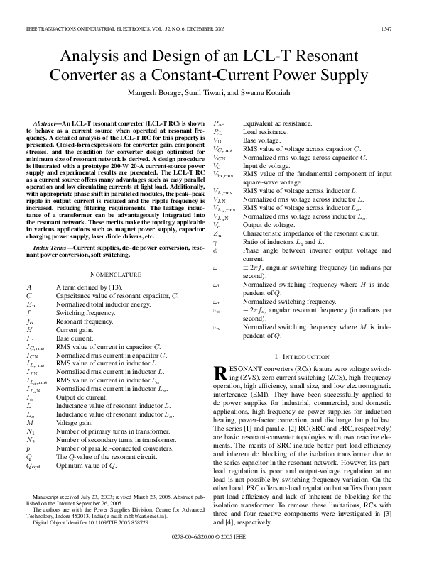 (PDF) Analysis and design of an LCL-T resonant converter as a constant-current power supply