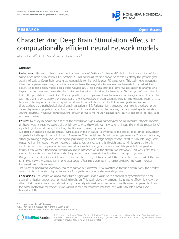 Pdf Characterizing Deep Brain Stimulation Effects In Computationally Efficient Neural Network