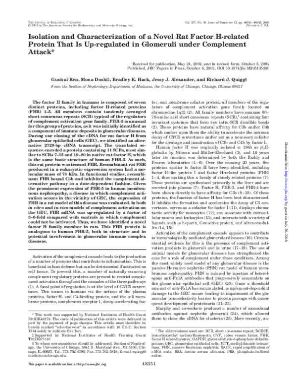(PDF) Isolation and Characterization of a Novel Rat Factor H-related ...