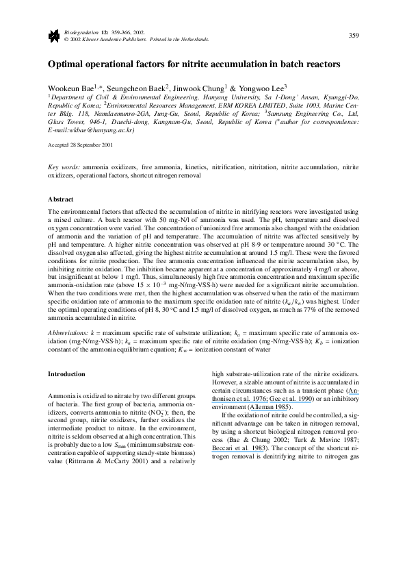 (PDF) Optimal operational factors for nitrite accumulation in batch reactors