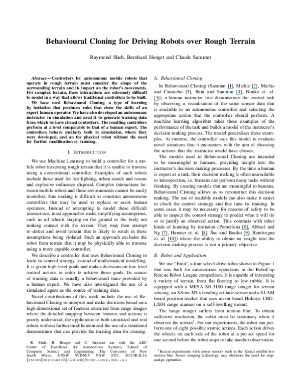 (PDF) Behavioural cloning for driving robots over rough terrain
