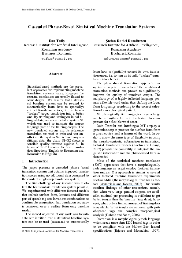 (PDF) Cascaded Phrase-Based Statistical Machine Translation Systems | Stefan Dumitrescu ...