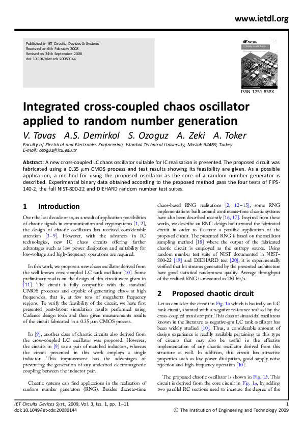 (PDF) Integrated cross-coupled chaos oscillator applied to random number generation