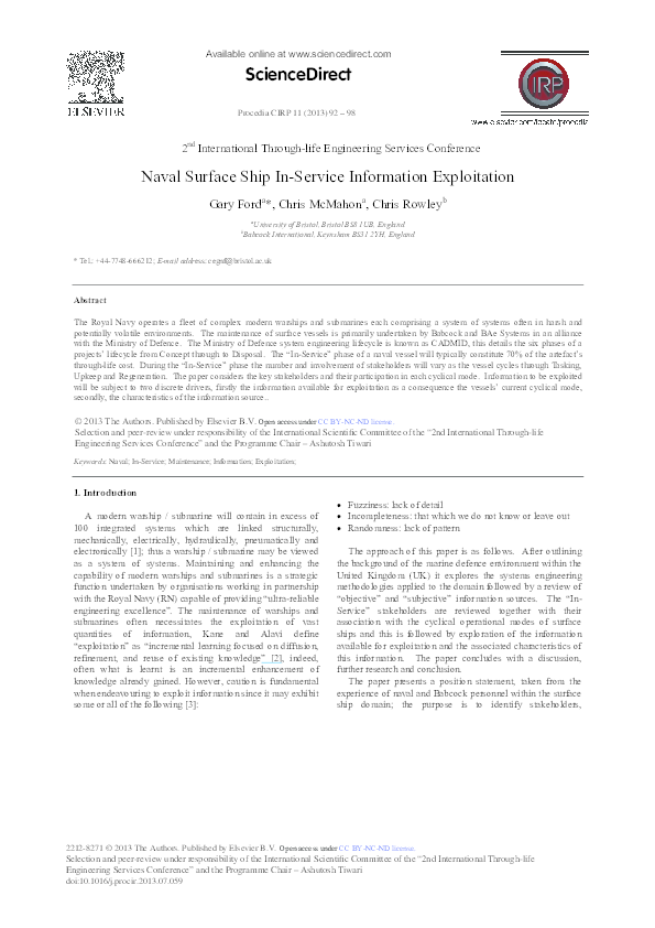 (PDF) Naval Surface Ship In-service Information Exploitation