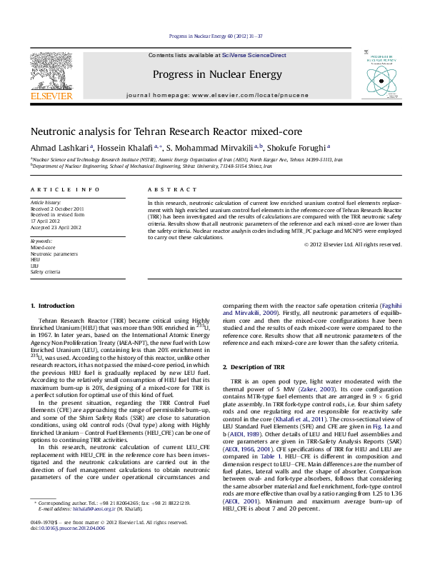 (PDF) Neutronic analysis for Tehran Research Reactor mixed-core