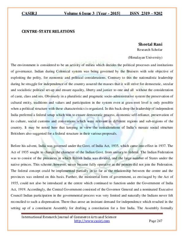 (PDF) CENTRE-STATE RELATIONS