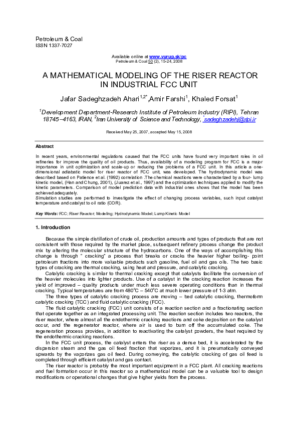 (PDF) A MATHEMATICAL MODELING OF THE RISER REACTOR IN INDUSTRIAL FCC UNIT