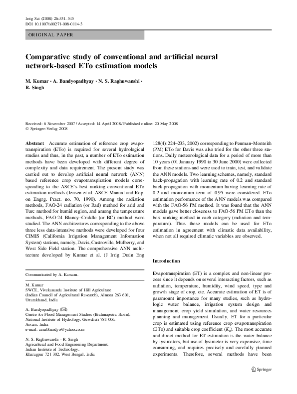 (PDF) Comparative study of conventional and artificial neural network-based ETo estimation models