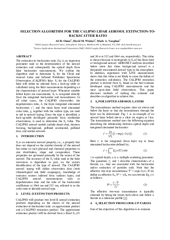 (PDF) Selection algorithm for the CALIPSO lidar aerosol extinction-to-backscatter ratio