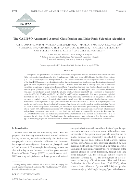 The Calipso Automated Aerosol Classification And Lidar Ratio Selection Algorithm