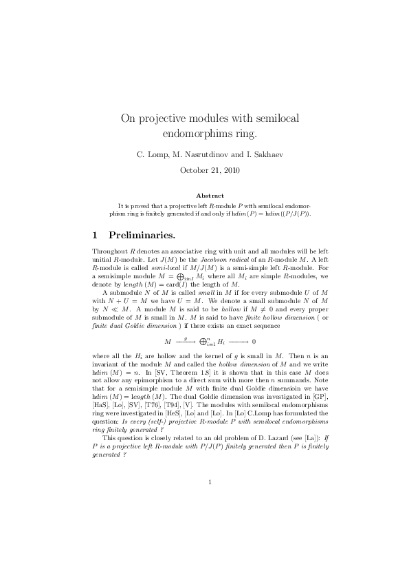 (PDF) Projective modules with semilocal endomorphism ring