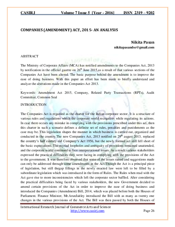 (PDF) COMPANIES (AMENDMENT) ACT, 2015-AN ANALYSIS