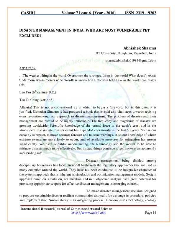 (PDF) DISASTER MANAGEMENT IN INDIA: WHO ARE MOST VULNERABLE YET EXCLUDED
