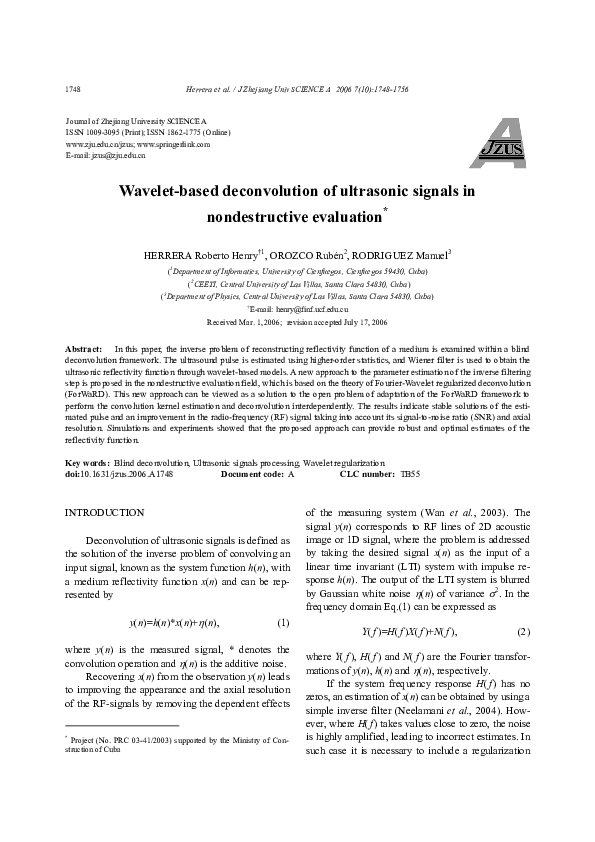 (PDF) Wavelet-based deconvolution of ultrasonic signals in nondestructive evaluation