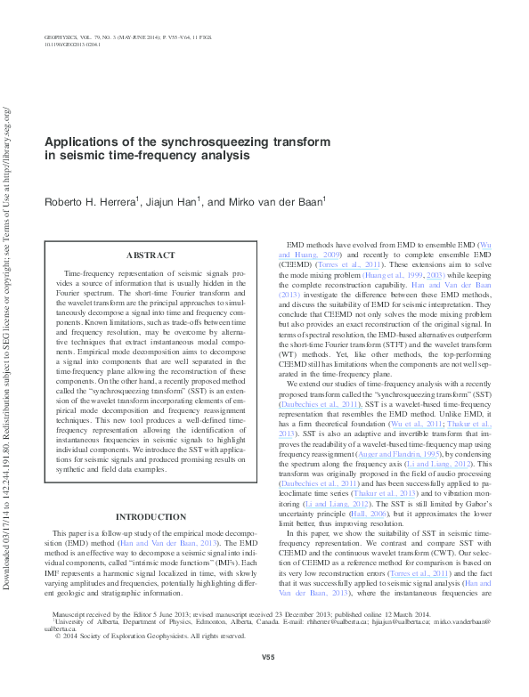 Pdf Applications Of The Synchrosqueezing Transform In Seismic Time Frequency Analysis