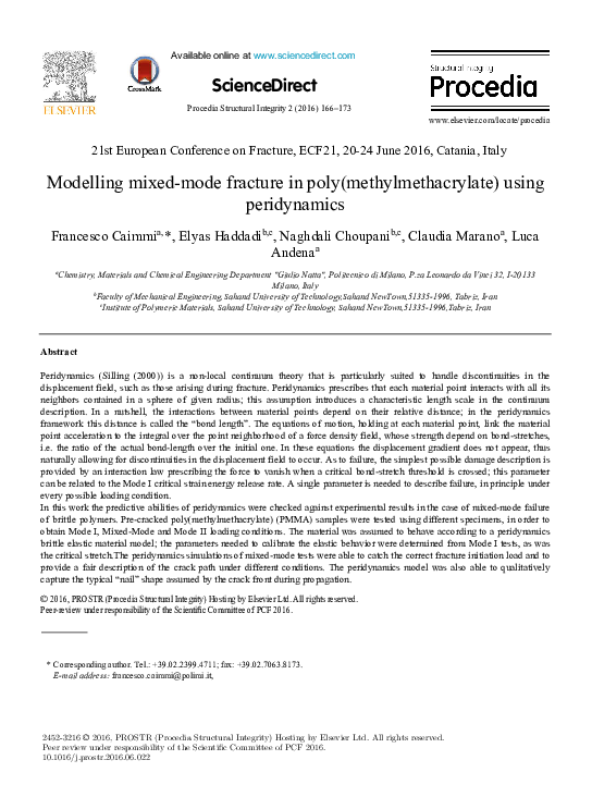 Pdf Modelling Mixed Mode Fracture In Polymethylmethacrylate Using Peridynamics Elyas Haddadi