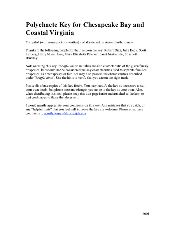 (PDF) Polychaete Key for Chesapeake Bay and Coastal Virginia