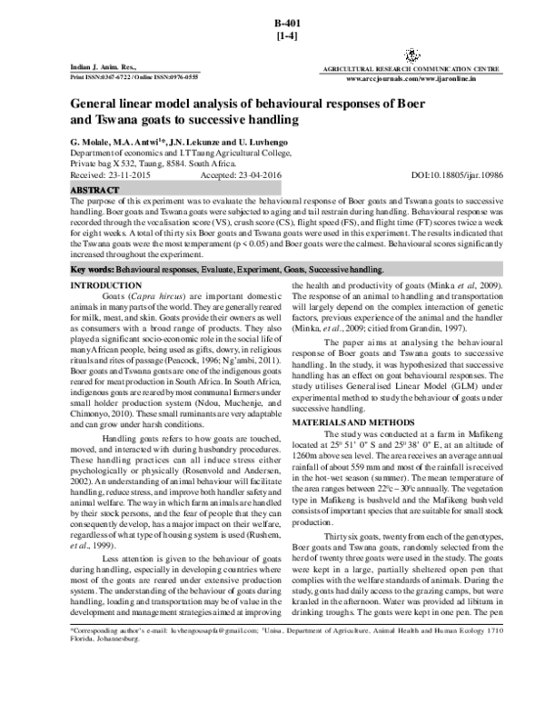 (PDF) General linear model analysis of behavioural responses of Boerand ...