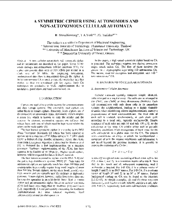 (PDF) A SYMMETRIC CIPHER USING AUTONOMOUS AND NON-AUTONOMOUS CELLULAR AUTOMATA