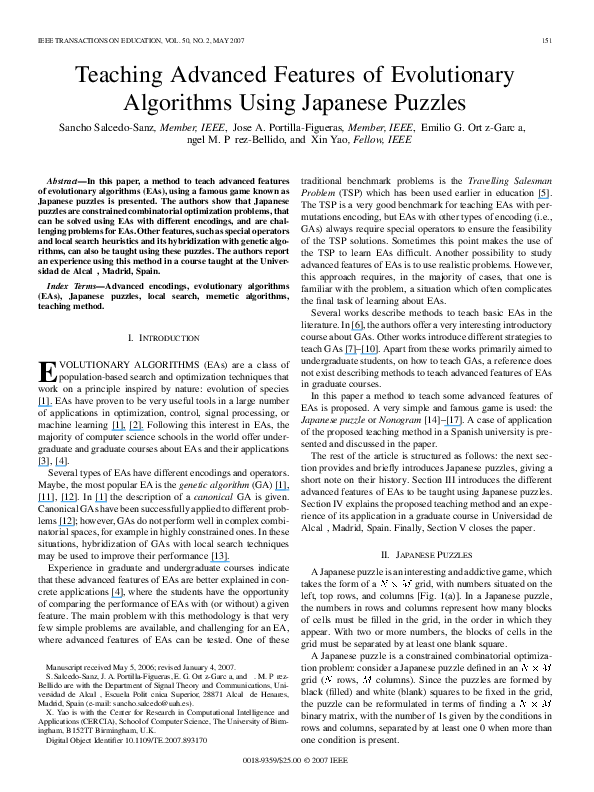 (PDF) Teaching Advanced Features of Evolutionary Algorithms Using Japanese Puzzles