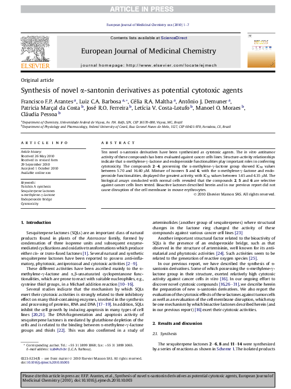 (PDF) Synthesis of novel α-santonin derivatives as potential cytotoxic ...