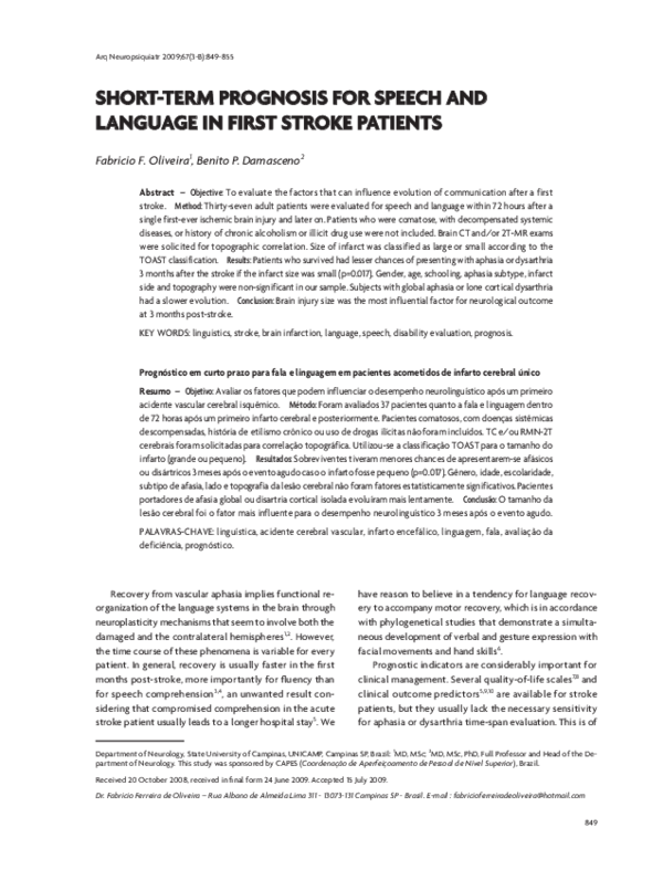 (PDF) Short-term prognosis for speech and language in first stroke patients
