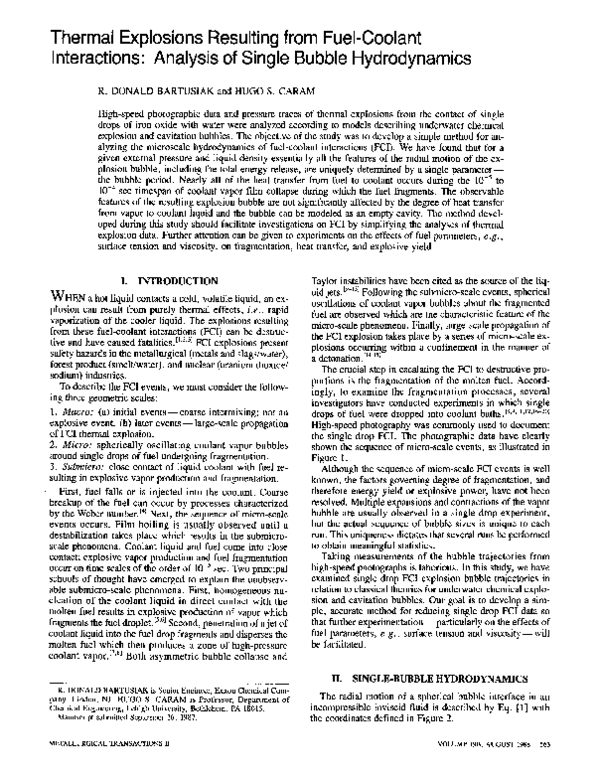 (PDF) Thermal explosions resulting from fuel-coolant interactions: Analysis of single bubble ...