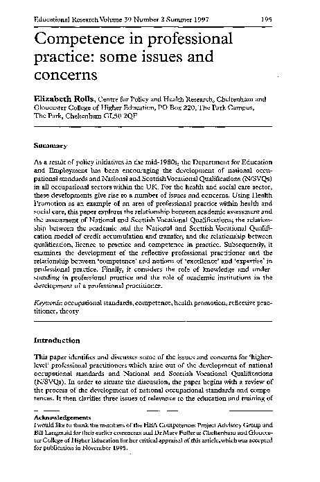 (PDF) Competence in professional practice: some issues and concerns