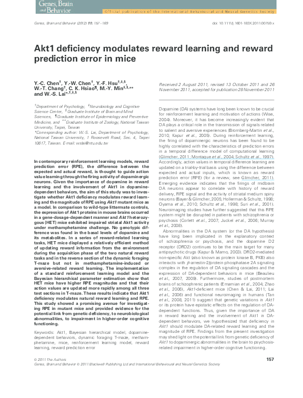 (PDF) Akt1 deficiency modulates reward learning and reward prediction ...