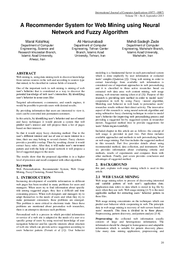 (PDF) A Recommender System for Web Mining using Neural Network and Fuzzy Algorithm