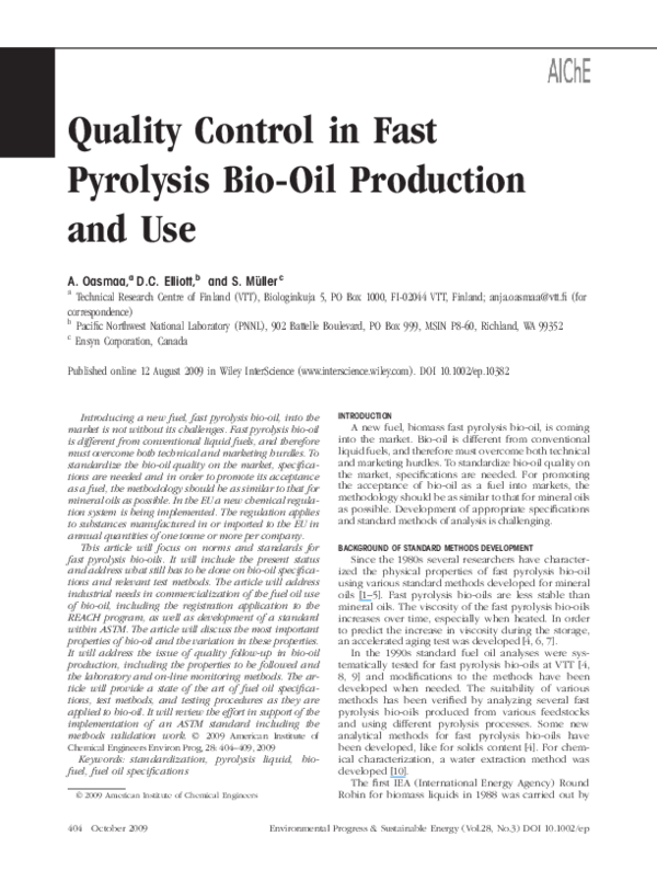 (PDF) Quality Control in Fast Pyrolysis Bio-Oil Production and Use