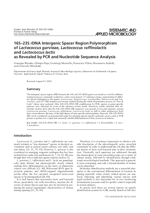 (PDF) 16S–23S rDNA Intergenic Spacer Region Polymorphism of Lactococcus ...