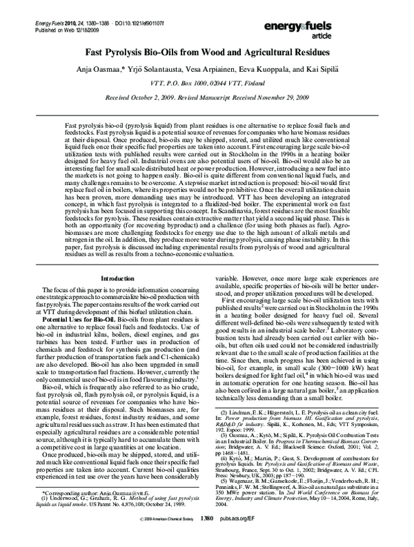 (PDF) Fast Pyrolysis Bio-Oils from Wood and Agricultural Residues