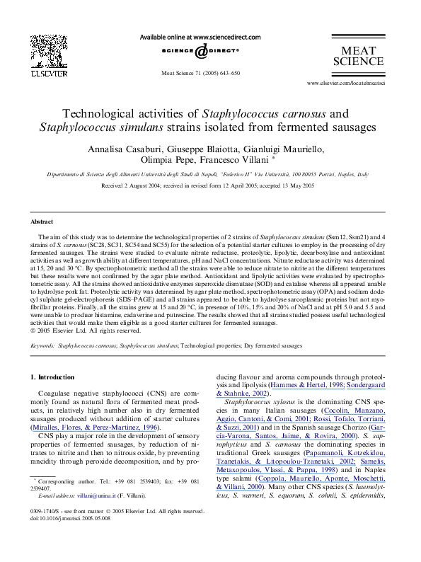(PDF) Technological activities of Staphylococcus carnosus and ...