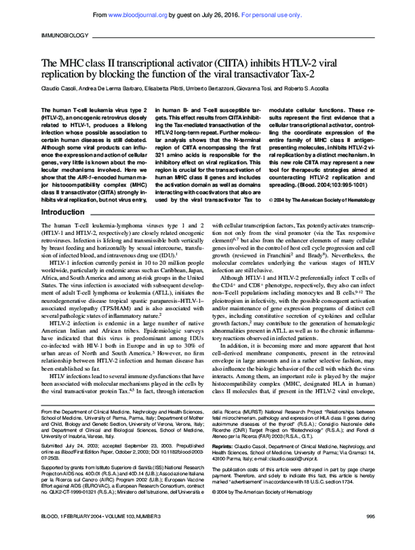 (PDF) The MHC class II transcriptional activator (CIITA) inhibits HTLV2 ...