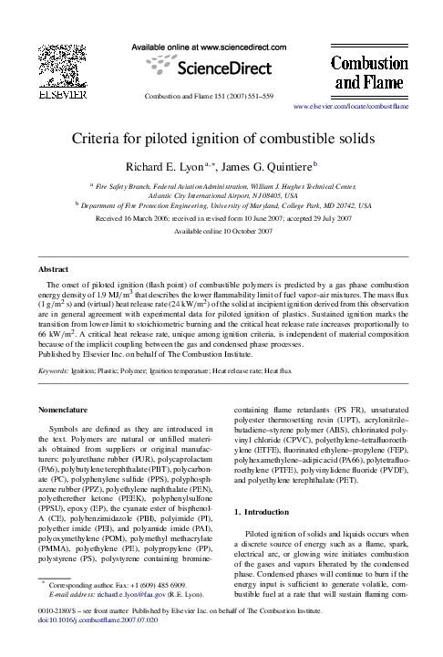 (PDF) Criteria for piloted ignition of combustible solids