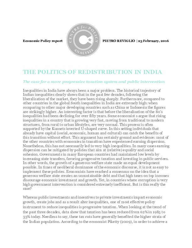 (PDF) "The politics of redistribution in India". Centre for Policy ...