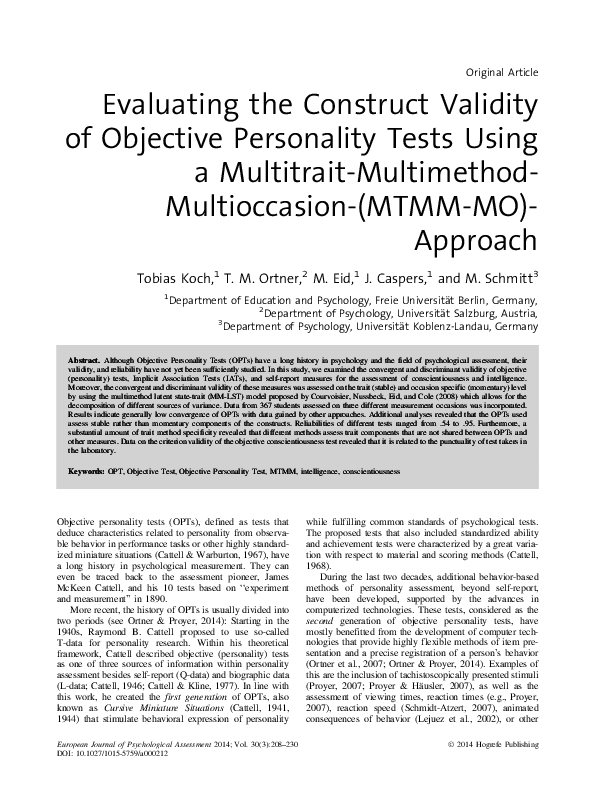 Pdf Evaluating The Construct Validity Of Objective Personality Tests Using A Multitrait